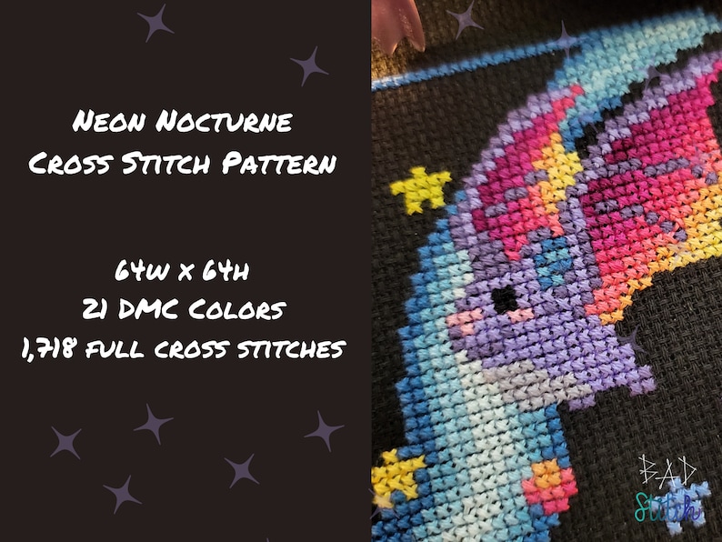 Neon Nocturne Cross Stitch Pattern, Vaporwave Bat Needlework Sampler ...