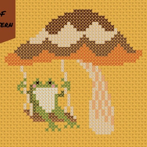 Swinging Frog Cross Stitch Pattern, Autumn Mushroom, Cottagecore ...