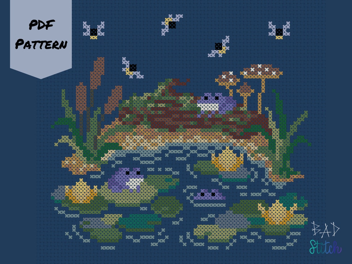 Frog Pond Cross Stitch Pattern, Swamp Marsh Design, Whimsical Craft ...
