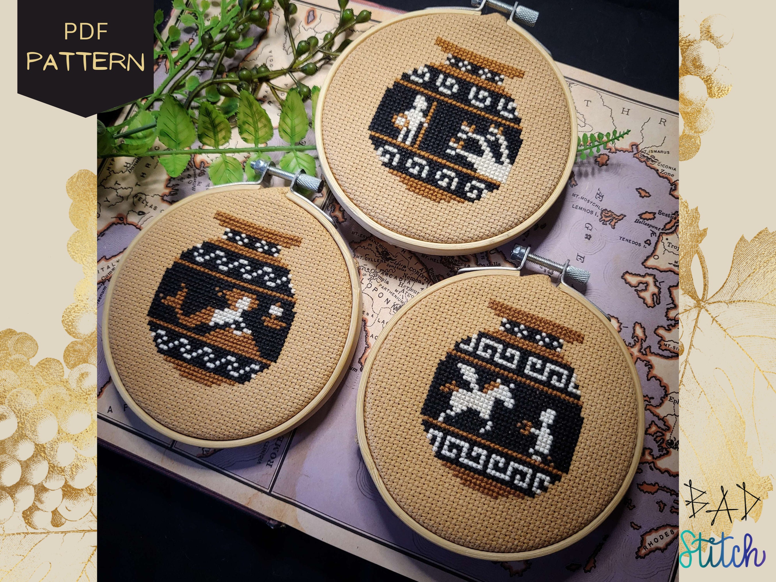 Greek Amphoras Cross Stitch Pattern, Hercules and the Hydra, Siren ...