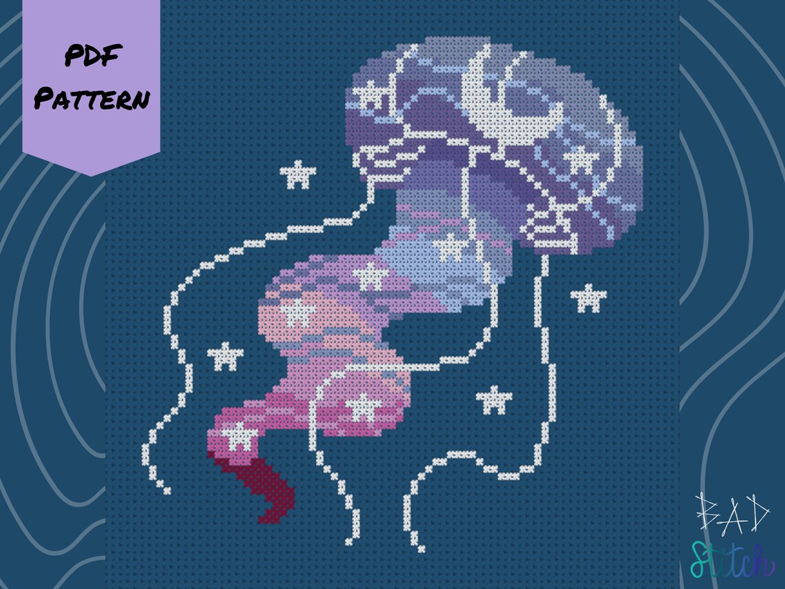 Cosmic Jellyfish Cross Stitch Pattern, Galaxy Vaporwave Sea Creature ...