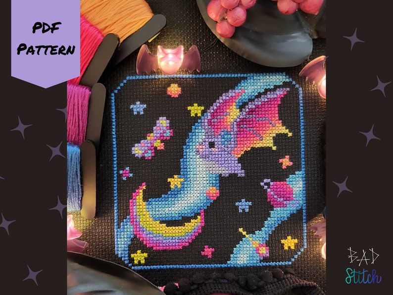 Neon Nocturne Cross Stitch Pattern, Vaporwave Bat Needlework Sampler ...