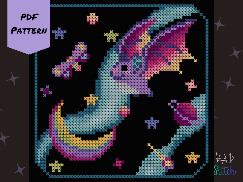 Neon Nocturne Cross Stitch Pattern, Vaporwave Bat Needlework Sampler ...
