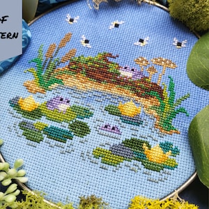 Frog Pond Cross Stitch Pattern, Swamp Marsh Design, Whimsical Craft ...