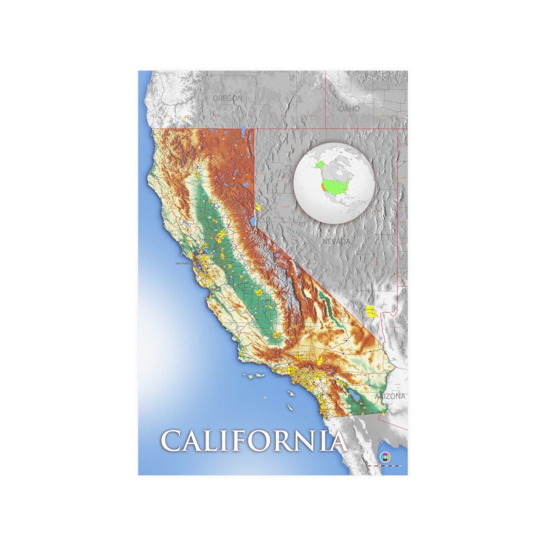 California State Map, USA, Colored Relief Wall Art 24'x36' Wall Decor ...