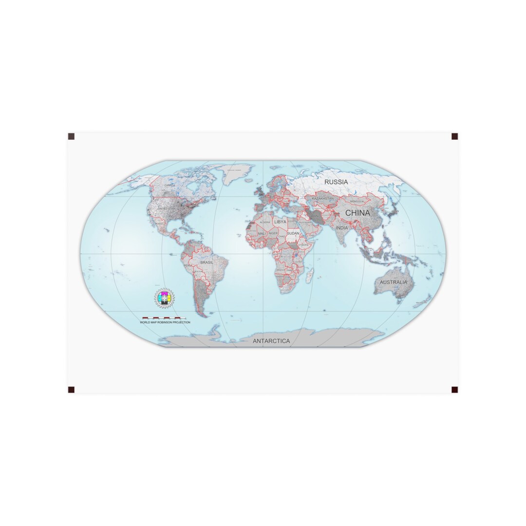 Accurate World Map Poster. World Map Robinson Projection. Large Wall ...