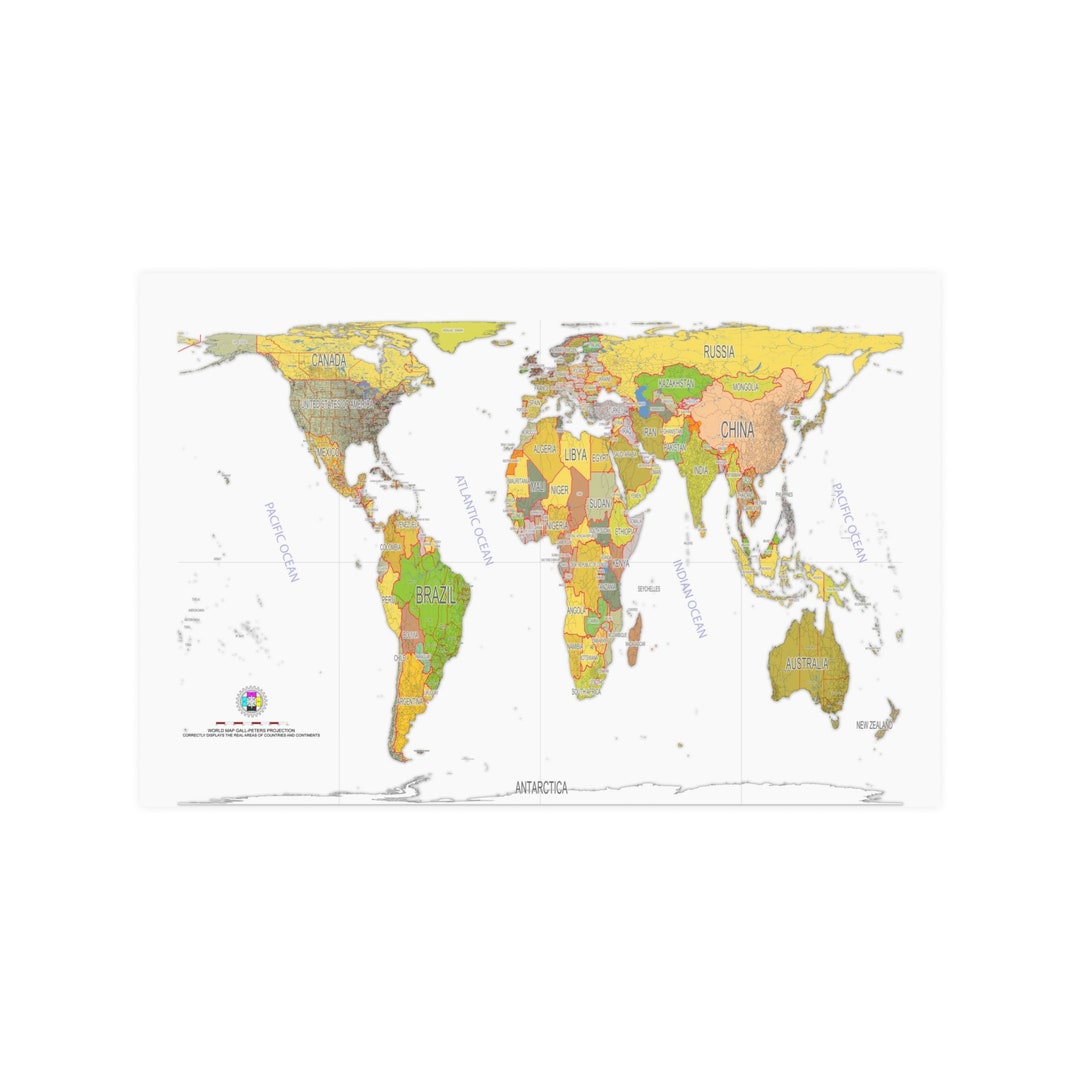 World Map Large Poster. World Map Gall-peters Projection. Atlas Map ...