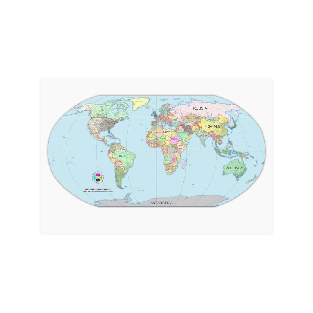 Accurate World Map Poster. World Map Robinson Projection. Large Wall ...