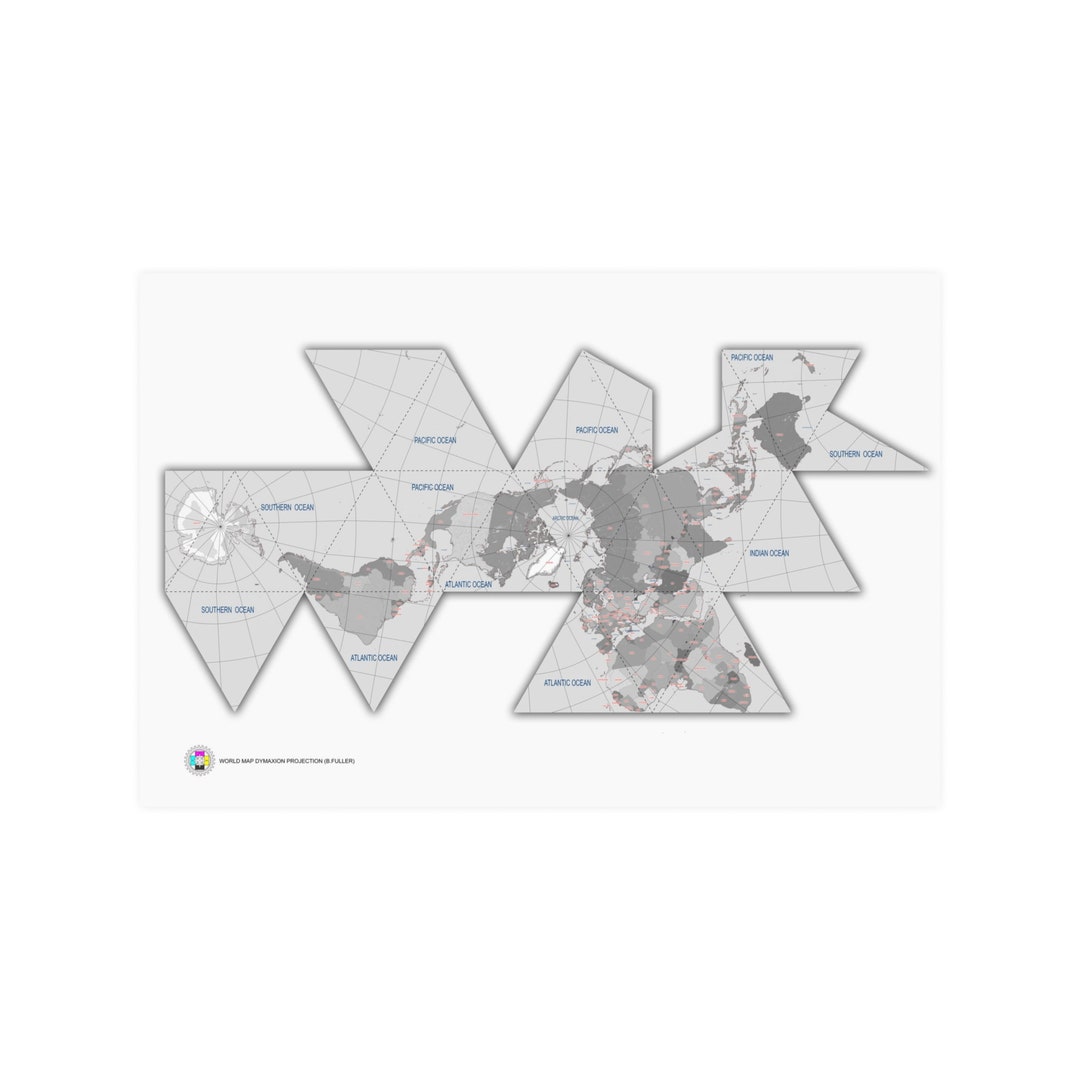World Map Dymaxion Projection, Wall Art 36'x24' Wall Decor Monochrome ...