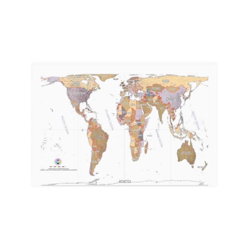 World Map Gall-peters Projection, Wall Art 36'x24' Wall Decor Satin ...