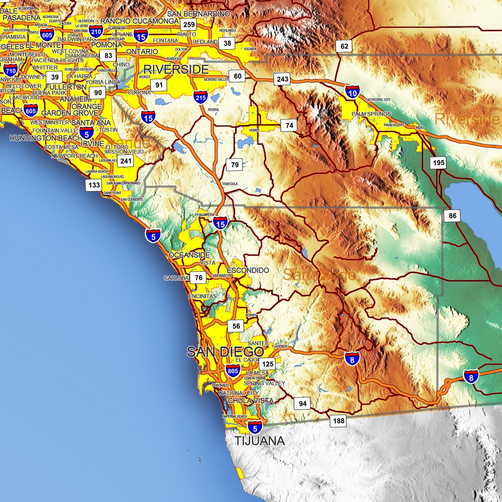California State Map, USA, Colored Relief Wall Art 24'x36' Wall Decor ...