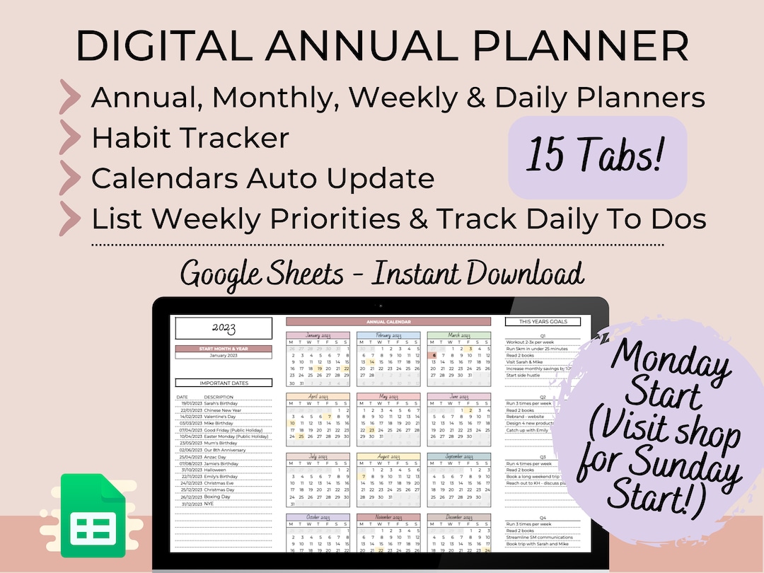 Digital Planner Google Sheets Annual Planner Spreadsheet - Etsy
