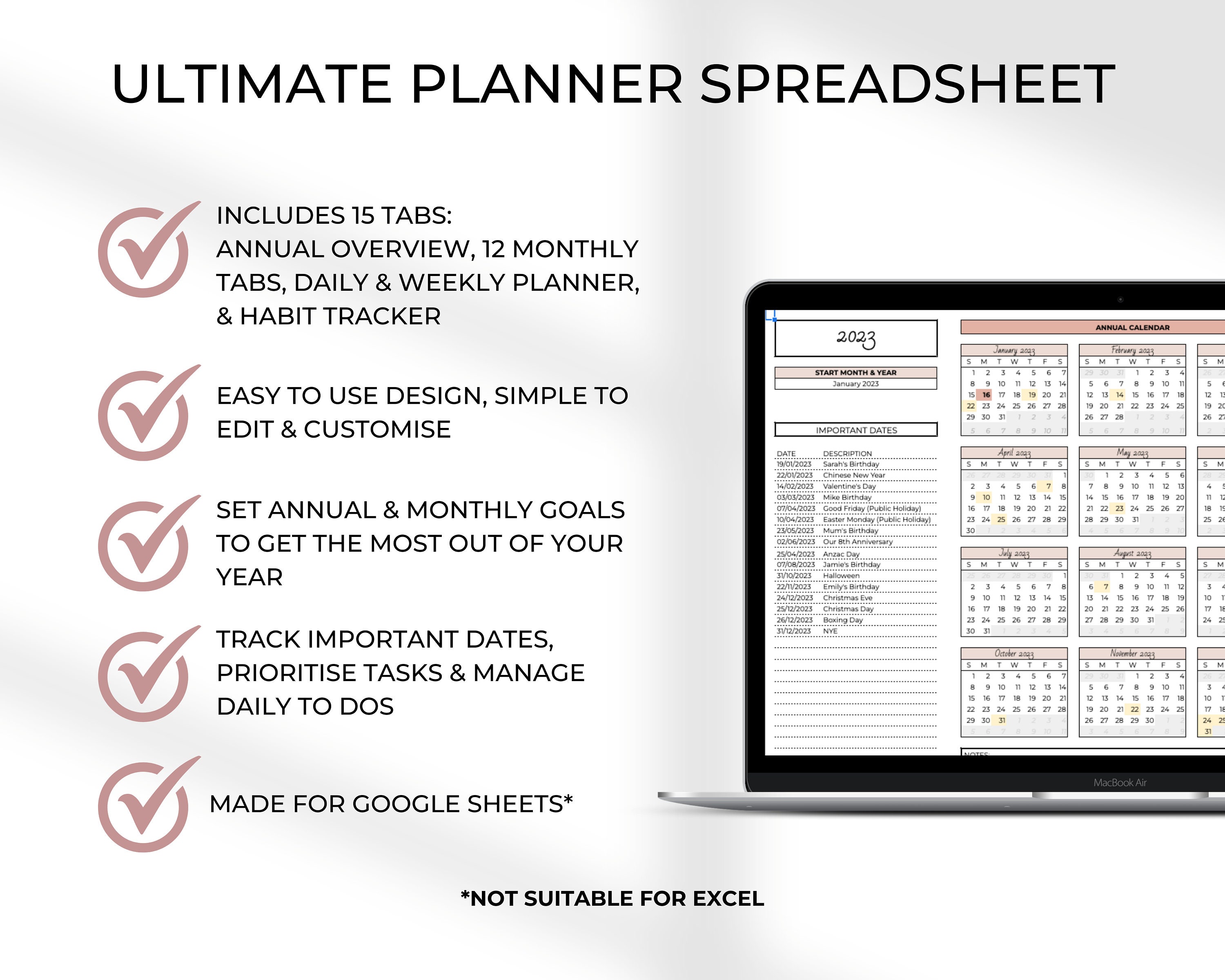 Google Sheets Digital Planner Annual Planner Monthly Planner Weekly ...