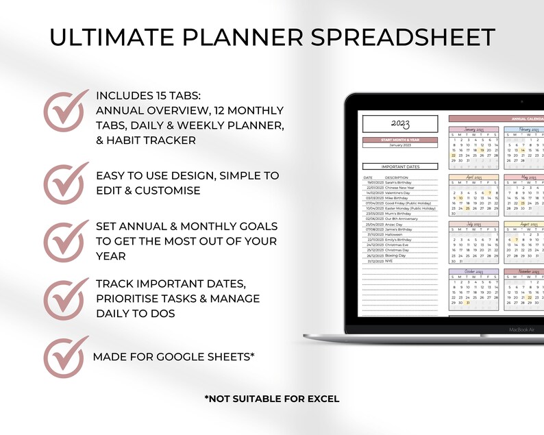 Digital Planner Spreadsheet Google Sheets Annual Planner Monthly ...