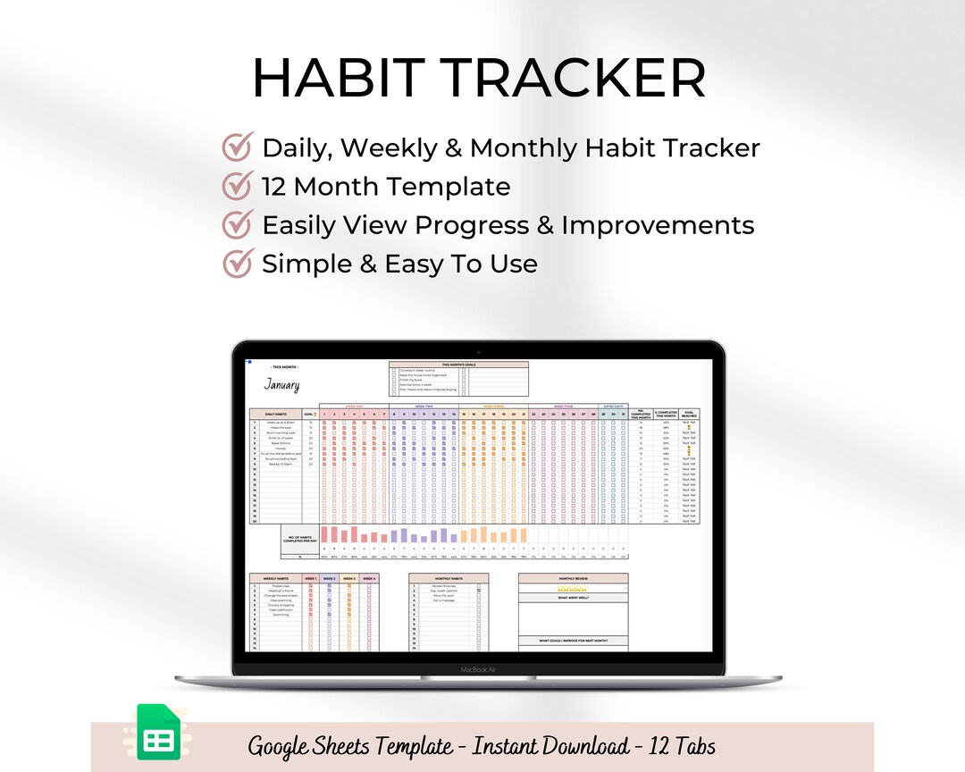 Habit Tracker Spreadsheet Google Sheets Daily Habit Tracker Monthly ...