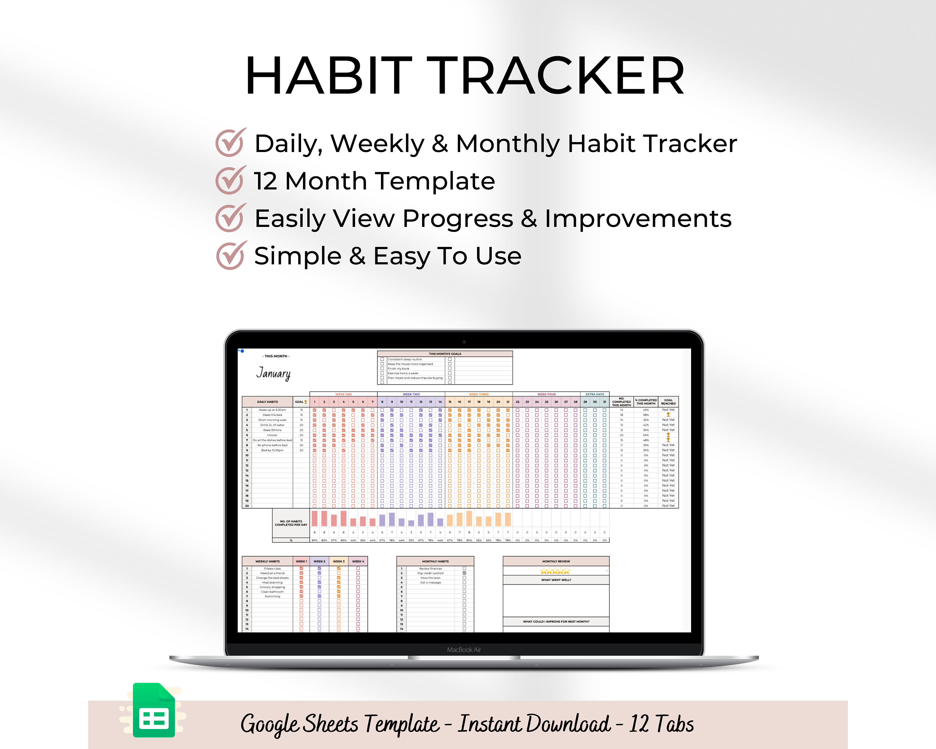 Habit Tracker Spreadsheet Google Sheets Daily Habit Tracker Monthly ...