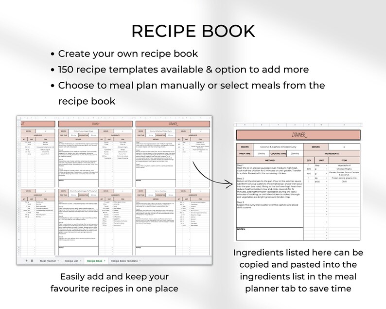 Weekly Meal Planner: Automatic Grocery List, Recipe Book (google Sheets Template) - Etsy
