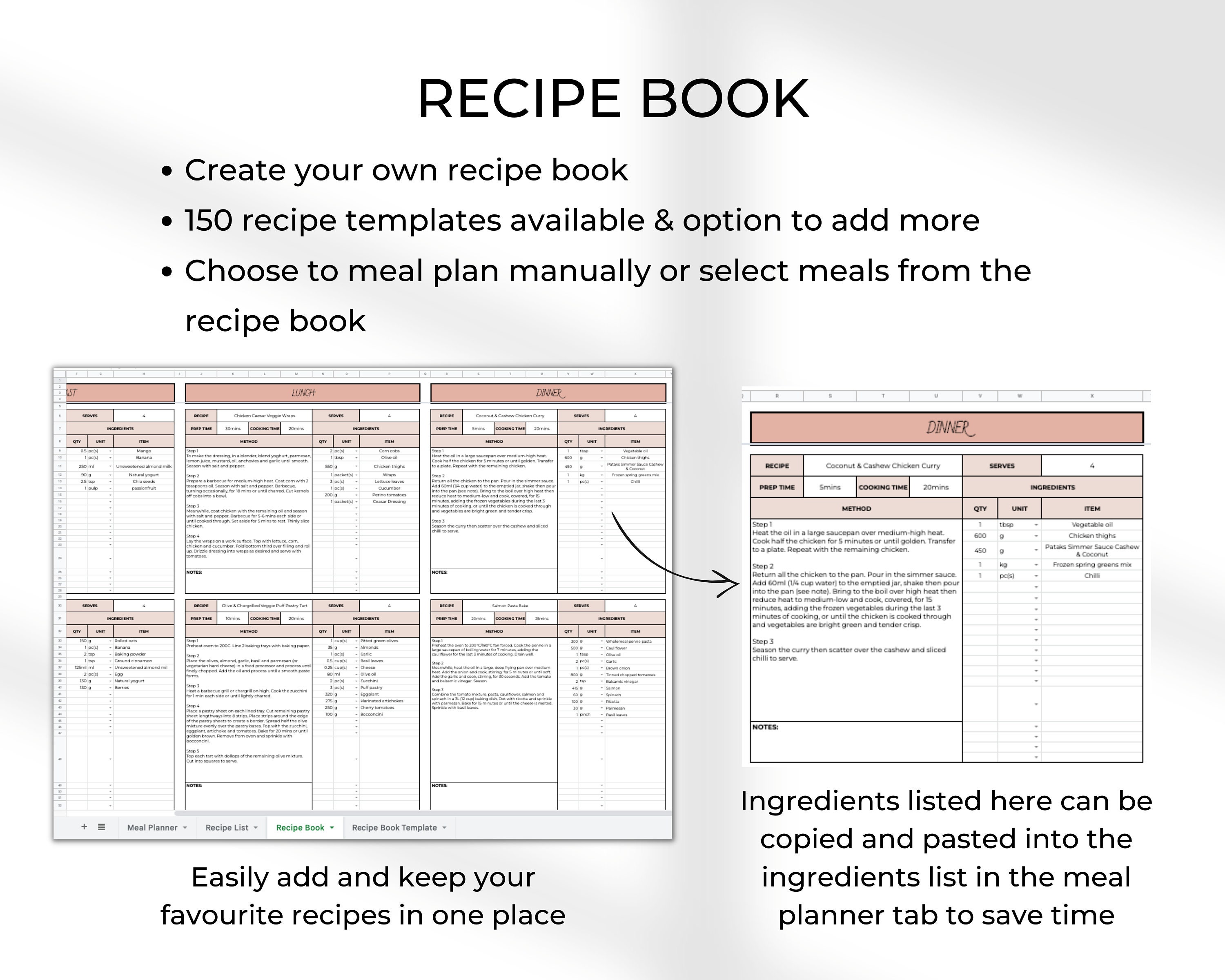 Weekly Meal Planner: Automatic Grocery List, Recipe Book (google Sheets ...
