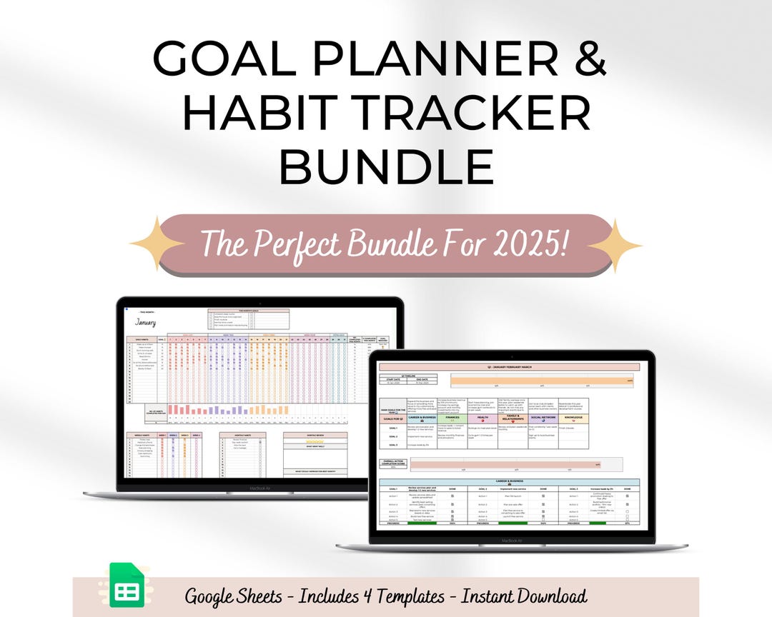2025 Goal Tracker Bundle, Habit Tracker Spreadsheet, Daily Habit ...