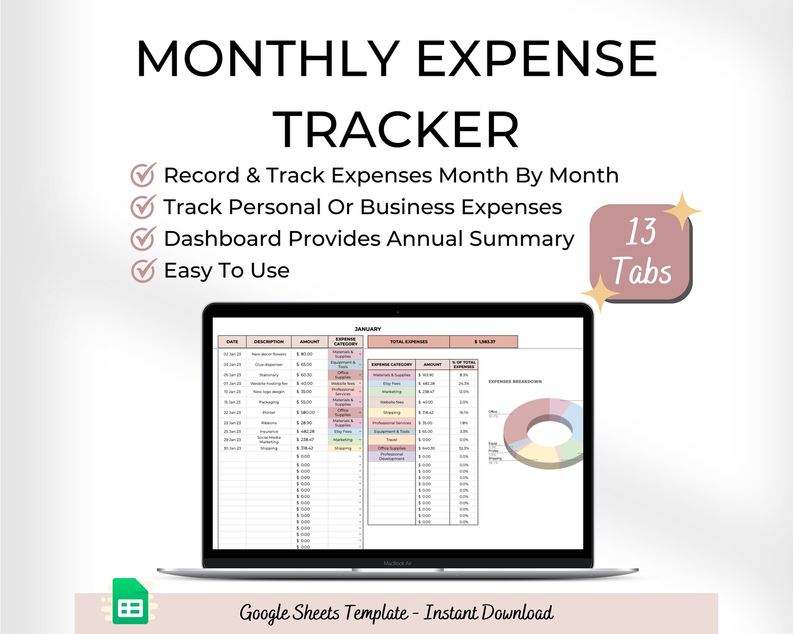 Monthly Expense Tracker Google Sheets Small Business Expense Tracker ...