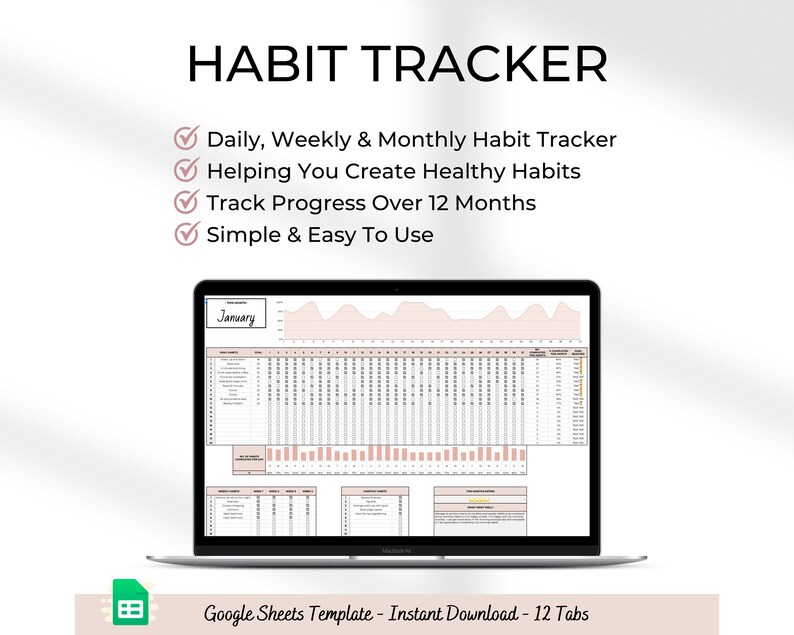 Habit Tracker Google Sheets Daily Habit Tracker Spreadsheet Everyday Habit Tracker Monthly Habit ...