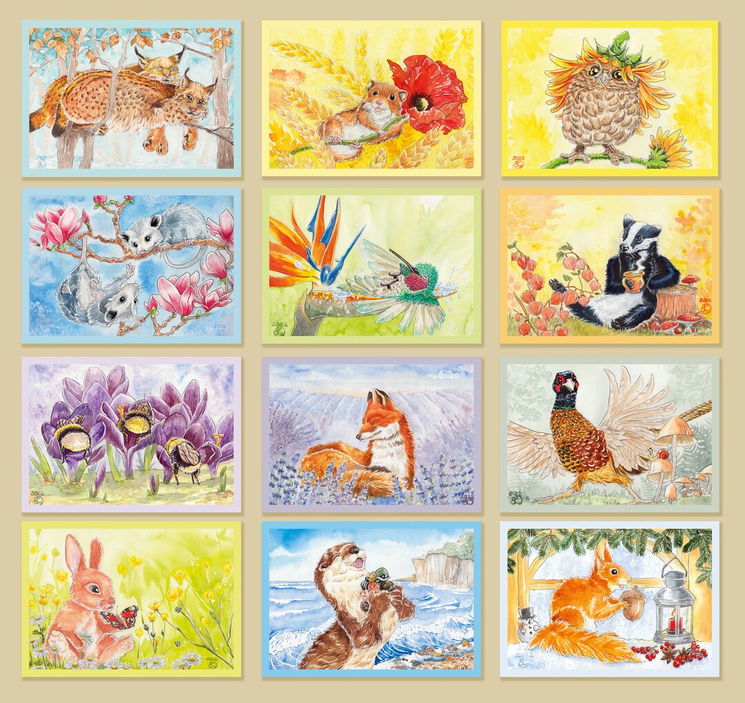 Postcard Set Calendar Motifs 2023 - Cute Watercolors of Native Animals ...