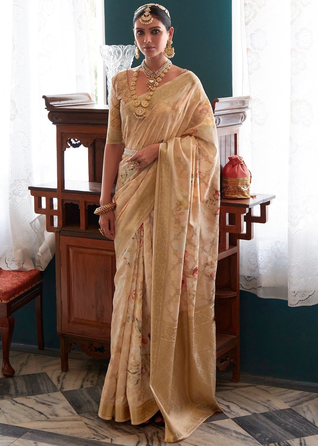 Beige Party Wear Saree Indian Wedding Saree for Women Designer Sari ...