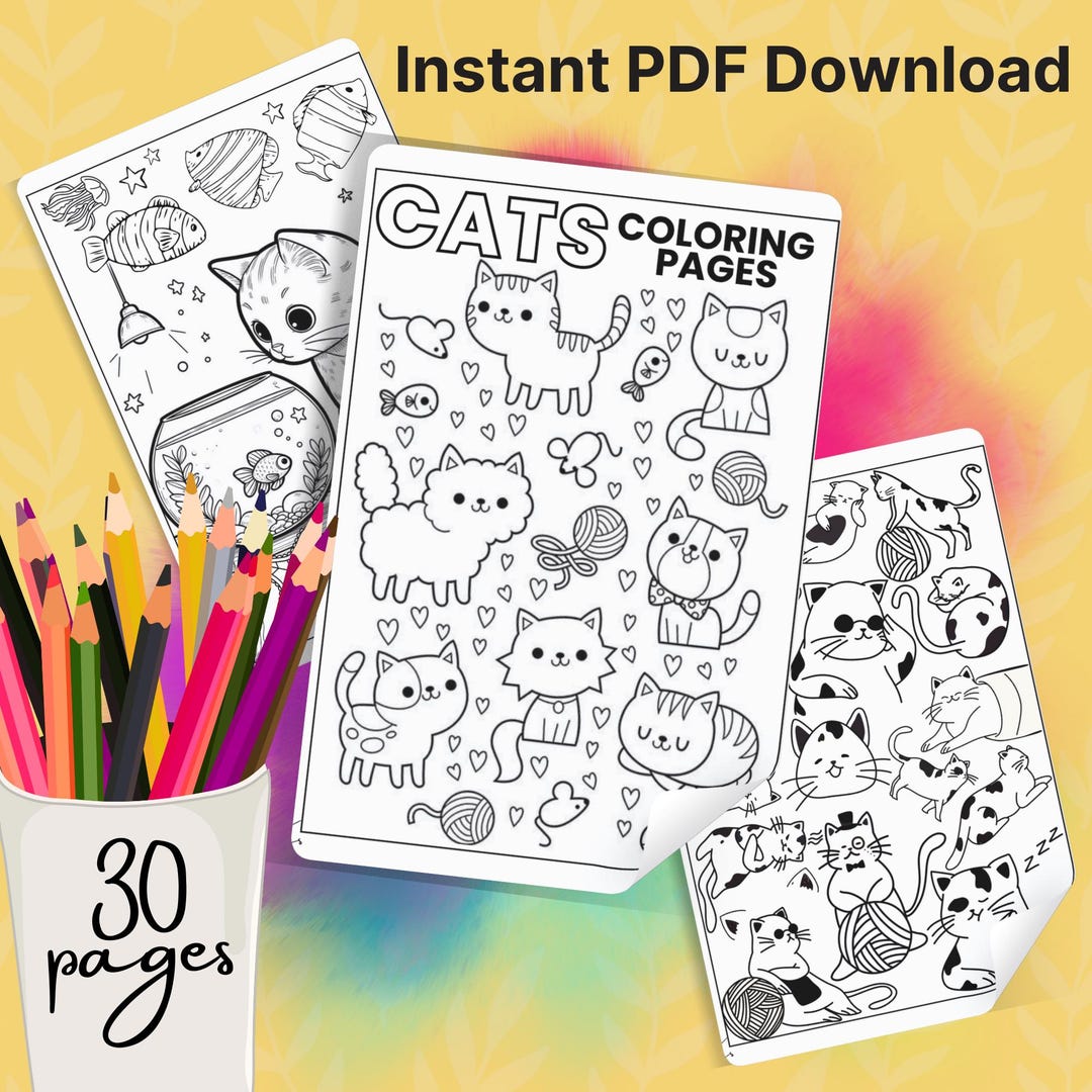 Cats Coloring Pages: 30 Printable Fun Coloring Book for Kids, Perfect ...