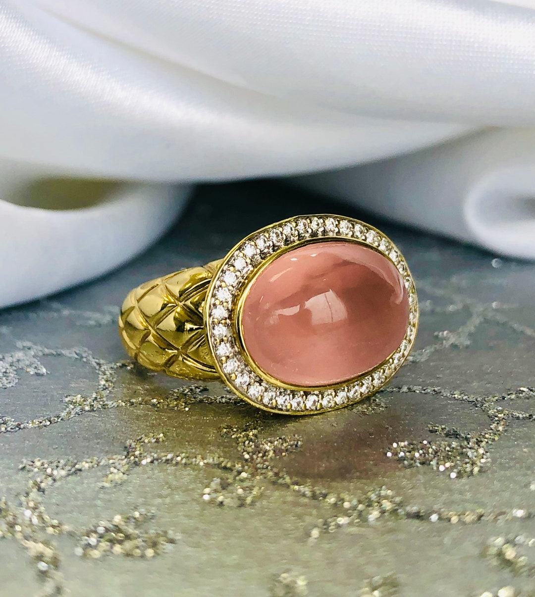 Statement Gemstone Ring | 18k Yellow Gold Rose Quartz Diamond Halo Ring ...