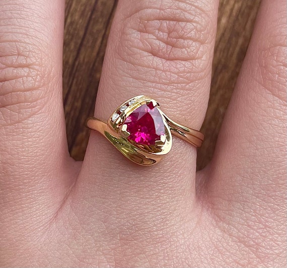 14k Yellow Gold Lab Trillion Cut Ruby and Diamond Ring - Gem