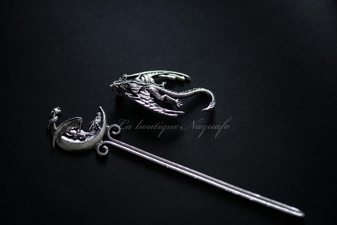Set of 2 Silver Metal Jewelry for Clothes and Hair / Dragon and ...