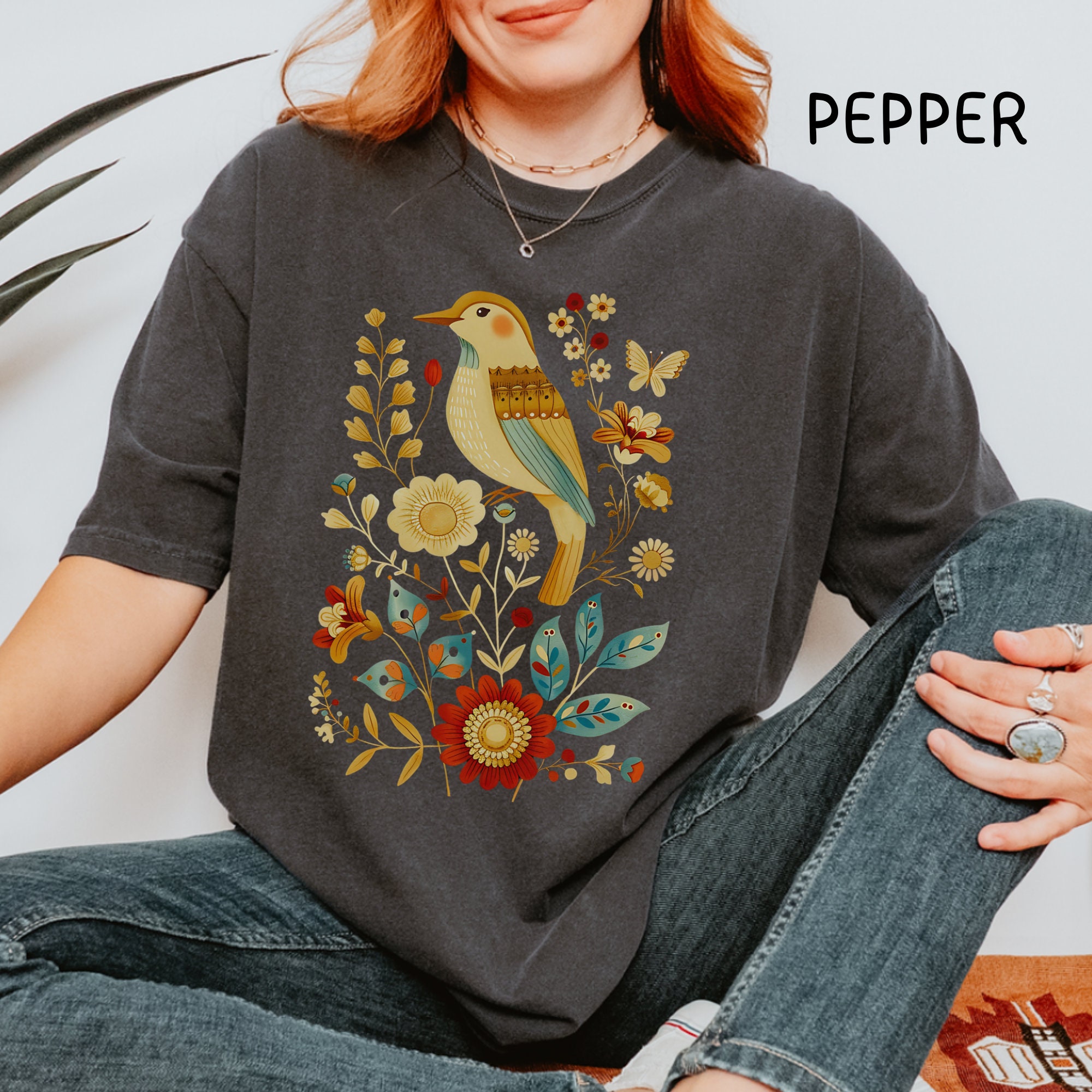 Cottagecore Birds and Flowers Shirt, Scandinavian Folk Art Bohemian ...