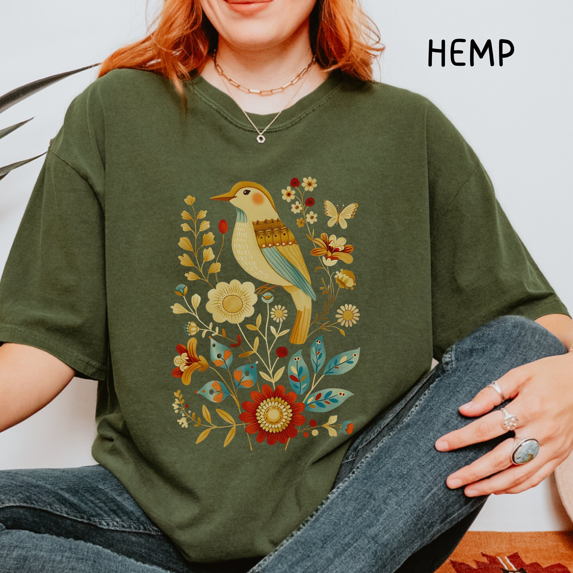 Cottagecore Birds and Flowers Shirt, Scandinavian Folk Art Bohemian ...