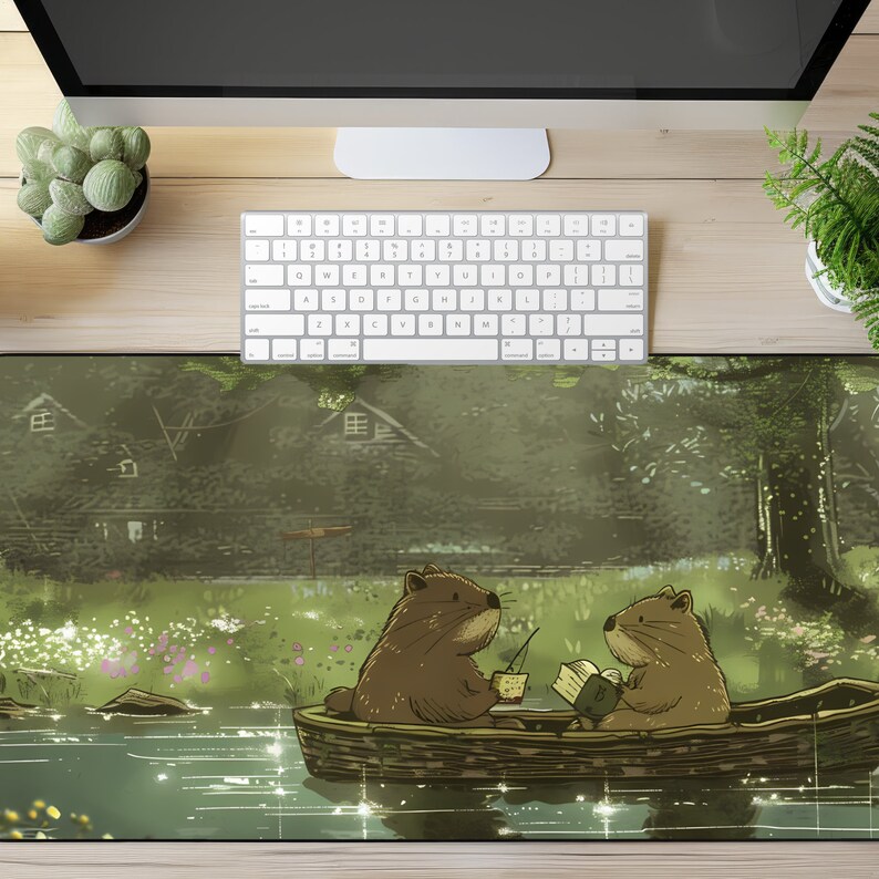 Capybaras on a Boat Fishing and Reading Desk Mat, Japanese Kawaii ...