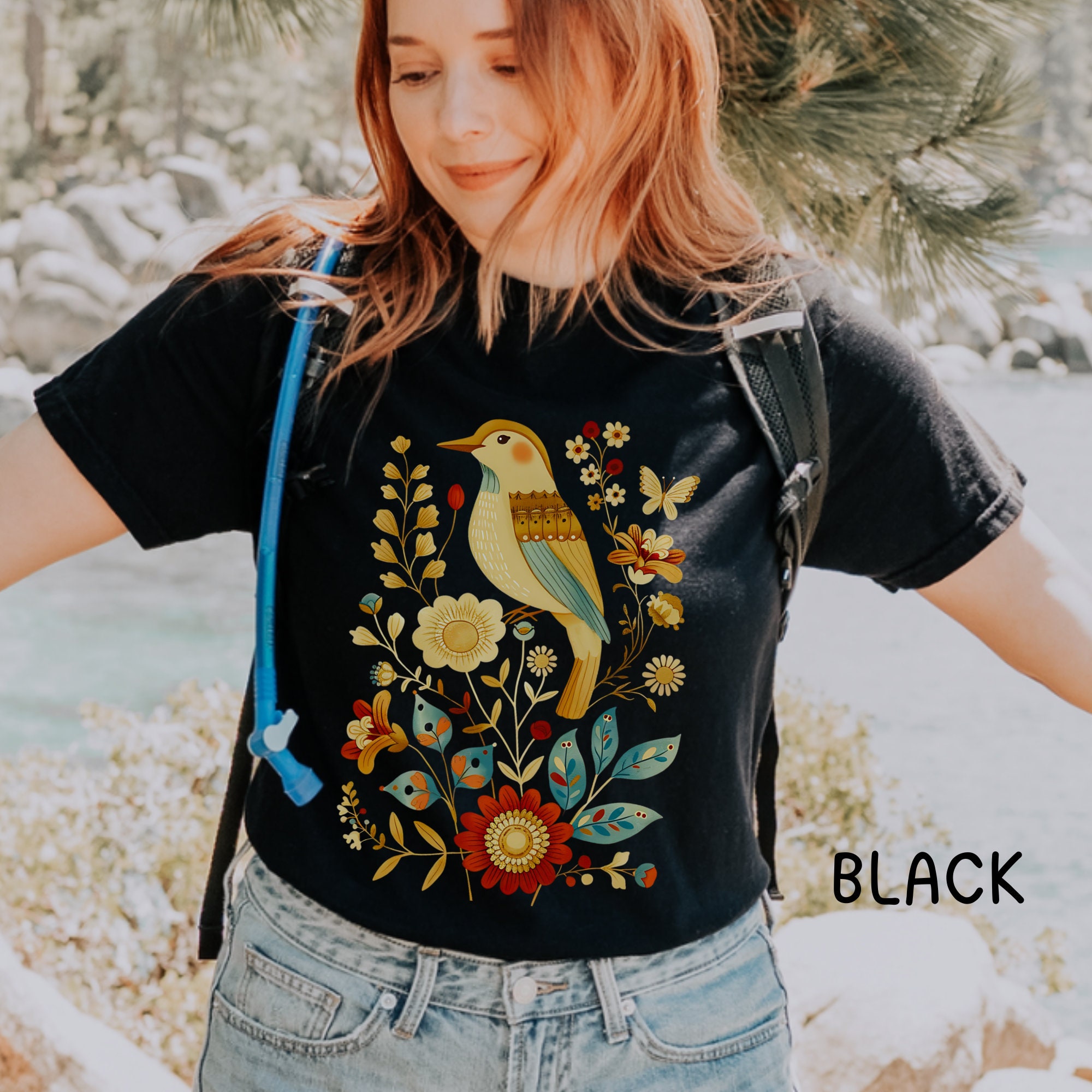 Cottagecore Birds and Flowers Shirt, Scandinavian Folk Art Bohemian ...