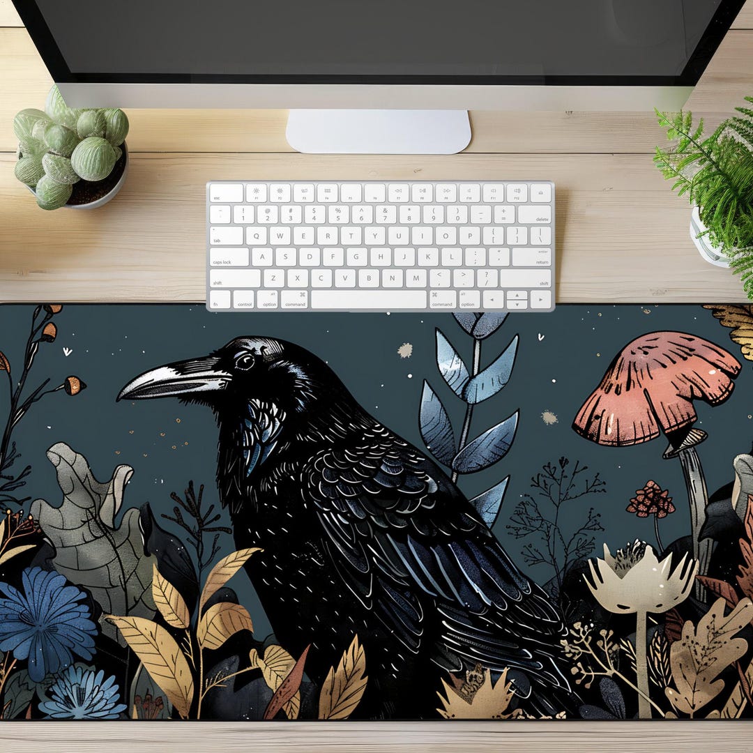 Raven Bird Dark Cottagecore Desk Mat, Floral Vintage Gaming Mouse Pad ...