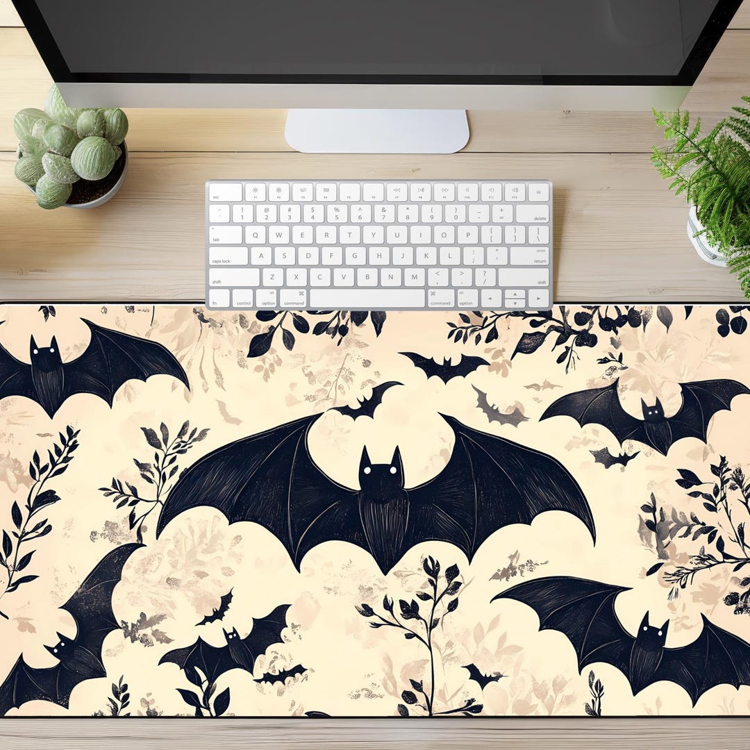 Spooky Halloween Floral Bats Desk Mat, Witchy Pastel Goth & Anime Dark ...