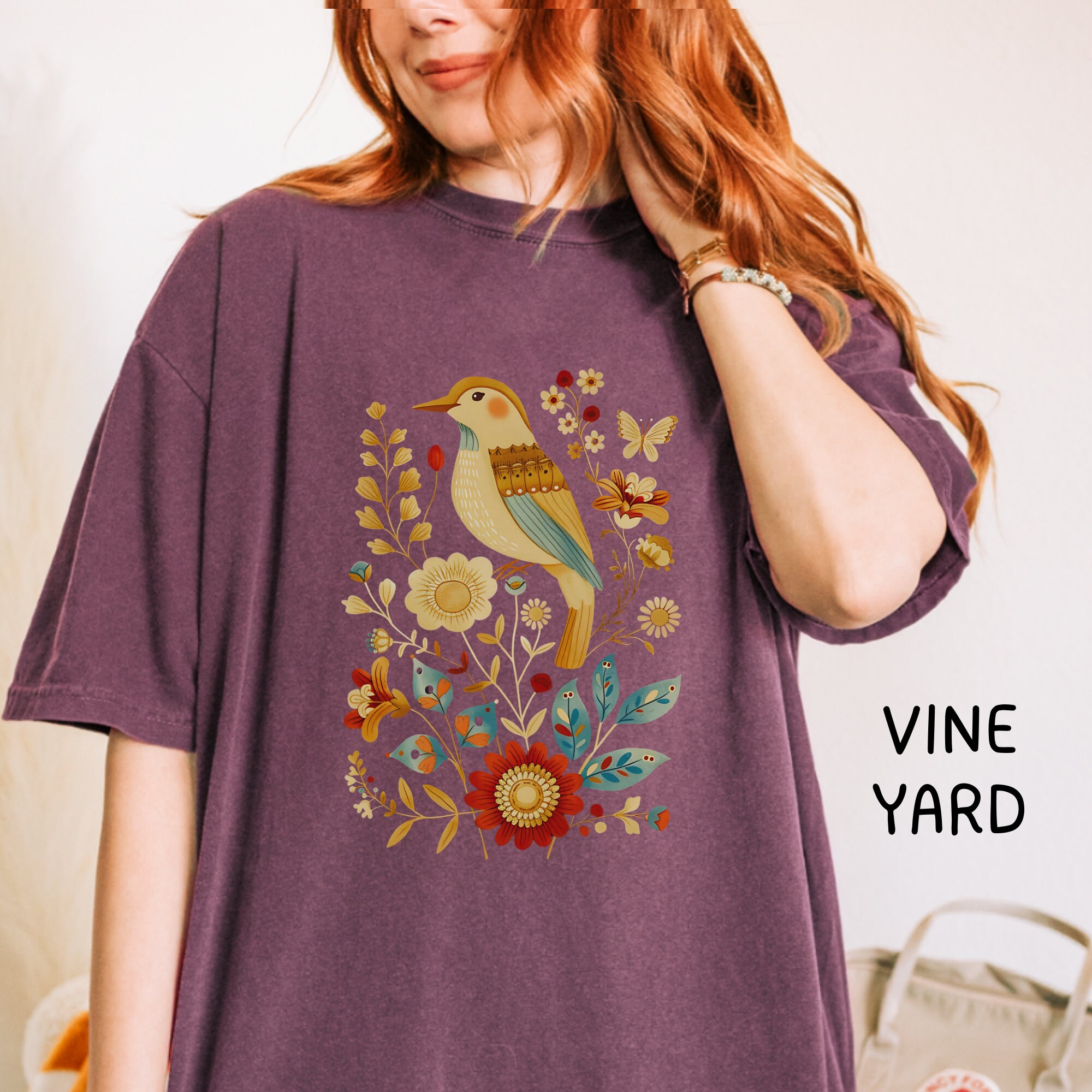 Cottagecore Birds and Flowers Shirt, Scandinavian Folk Art Bohemian ...