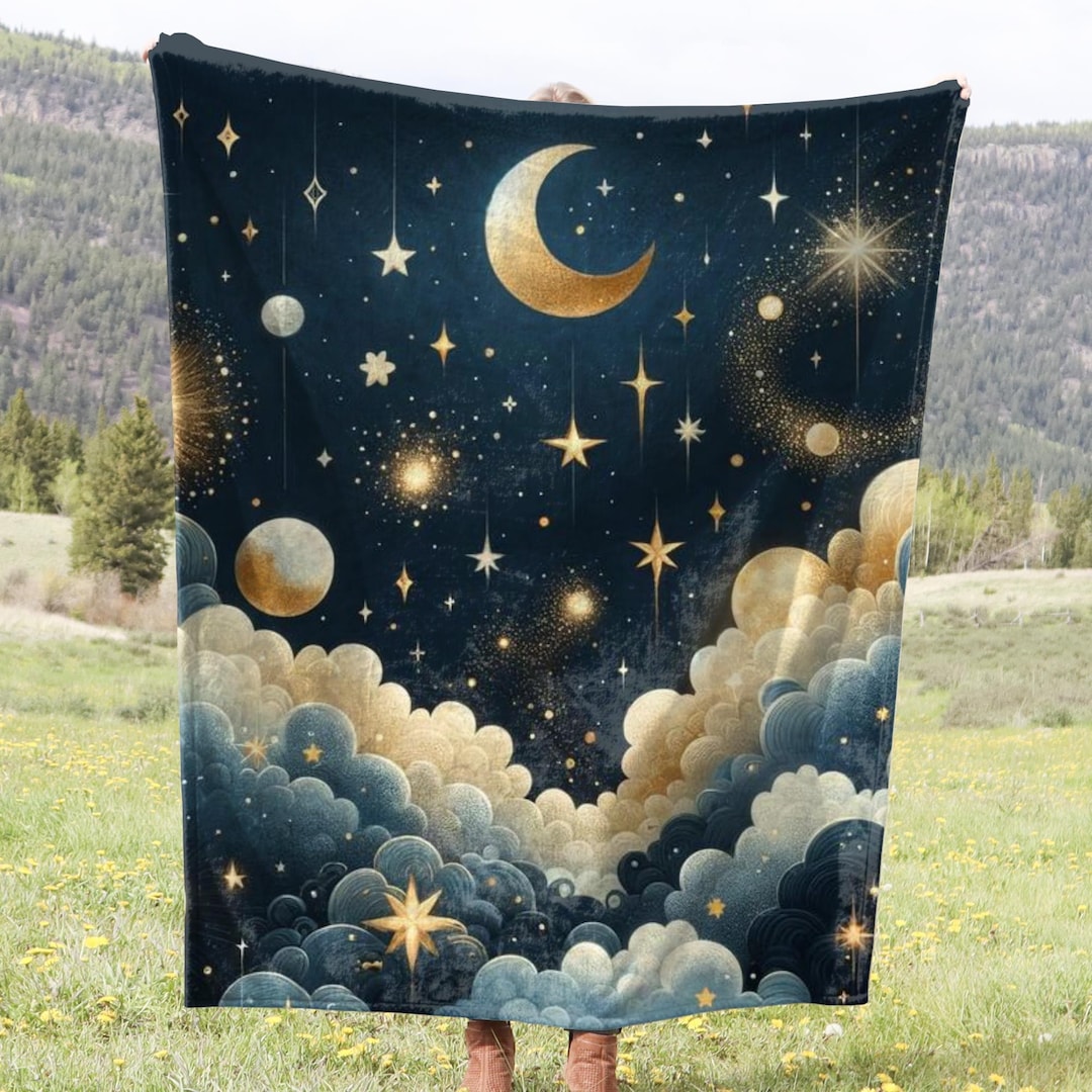 Moon Starry Night Throw Blanket, Whimsigoth Celestial Cottagecore ...