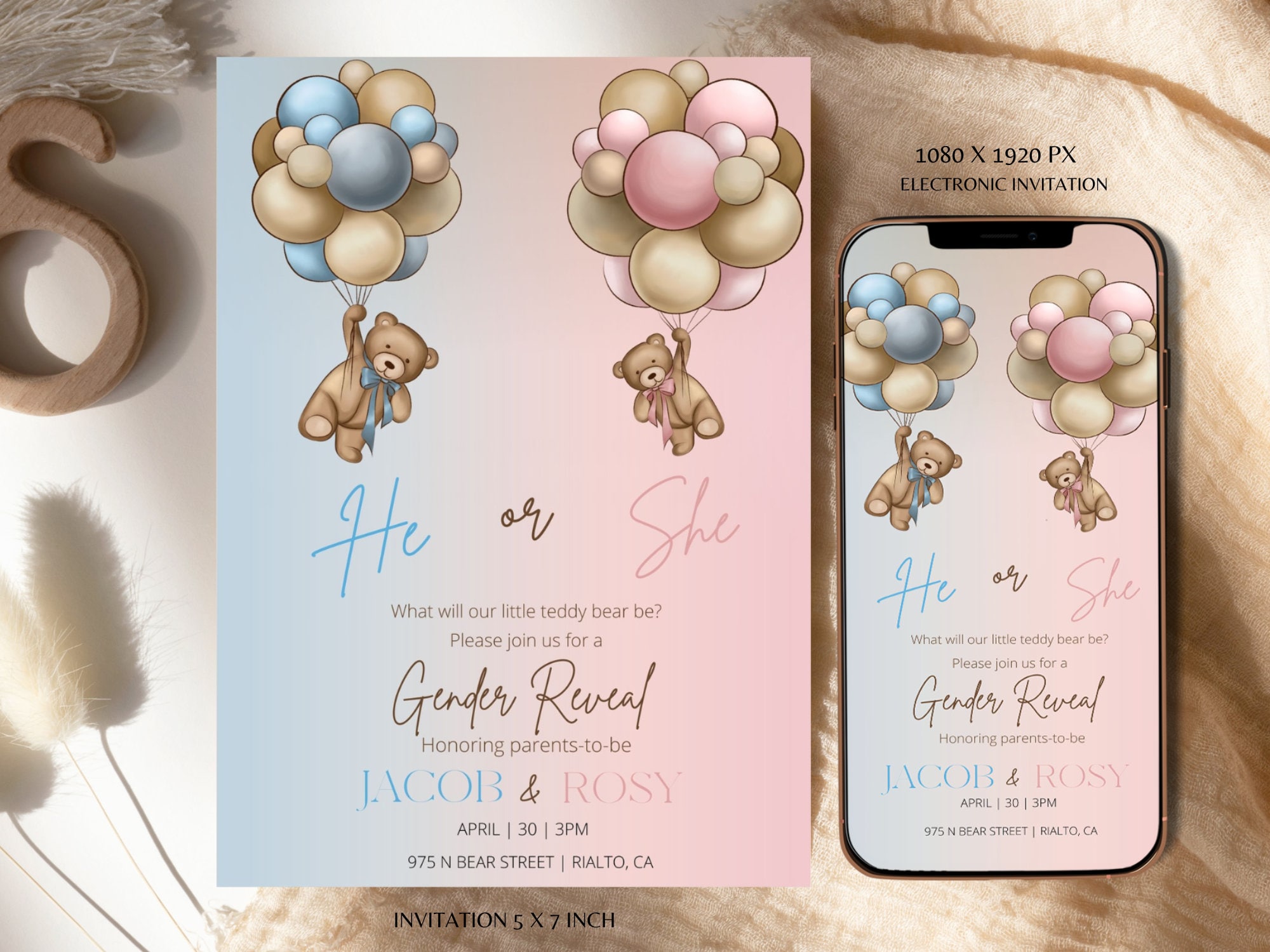 Plantilla editable de invitación de revelación de género de globos de ...