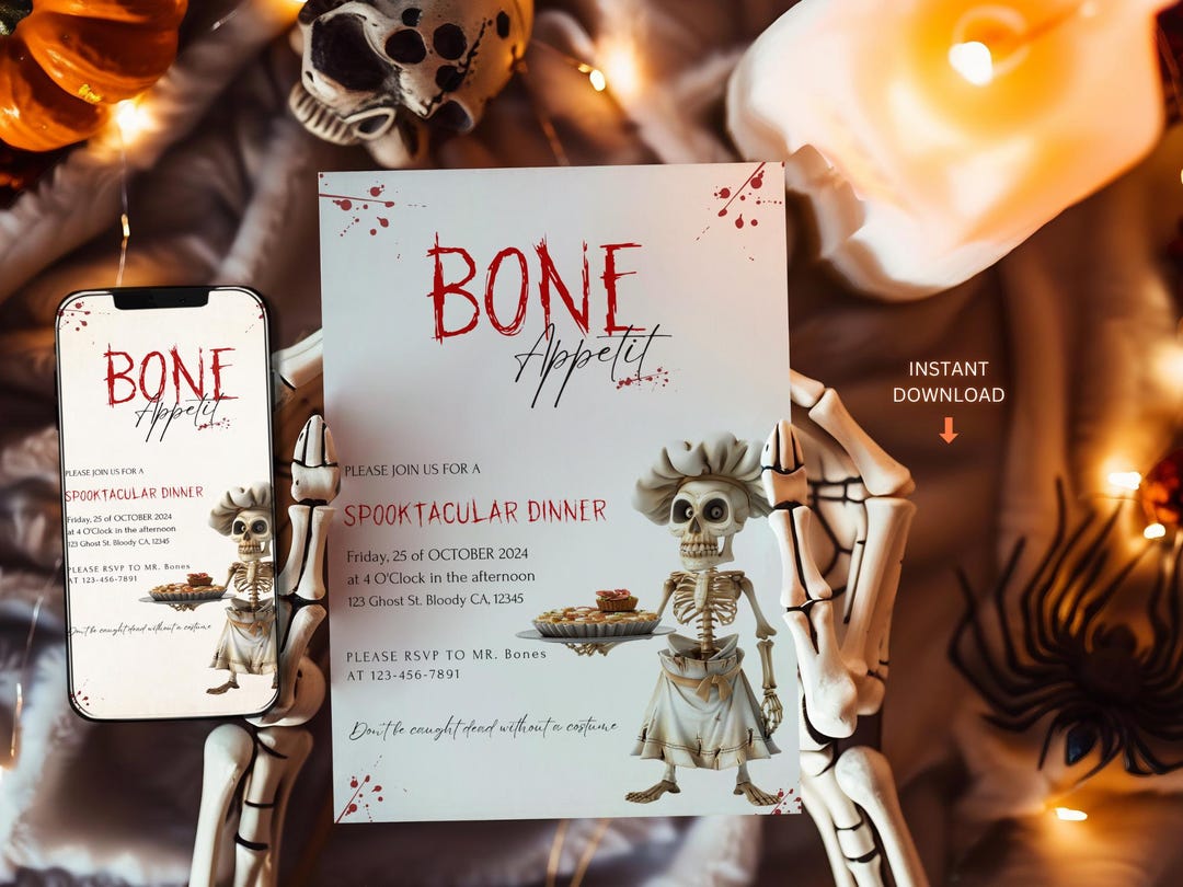 Bone Appetite Dinner Invitation, Fun Skeleton Halloween Party for ...