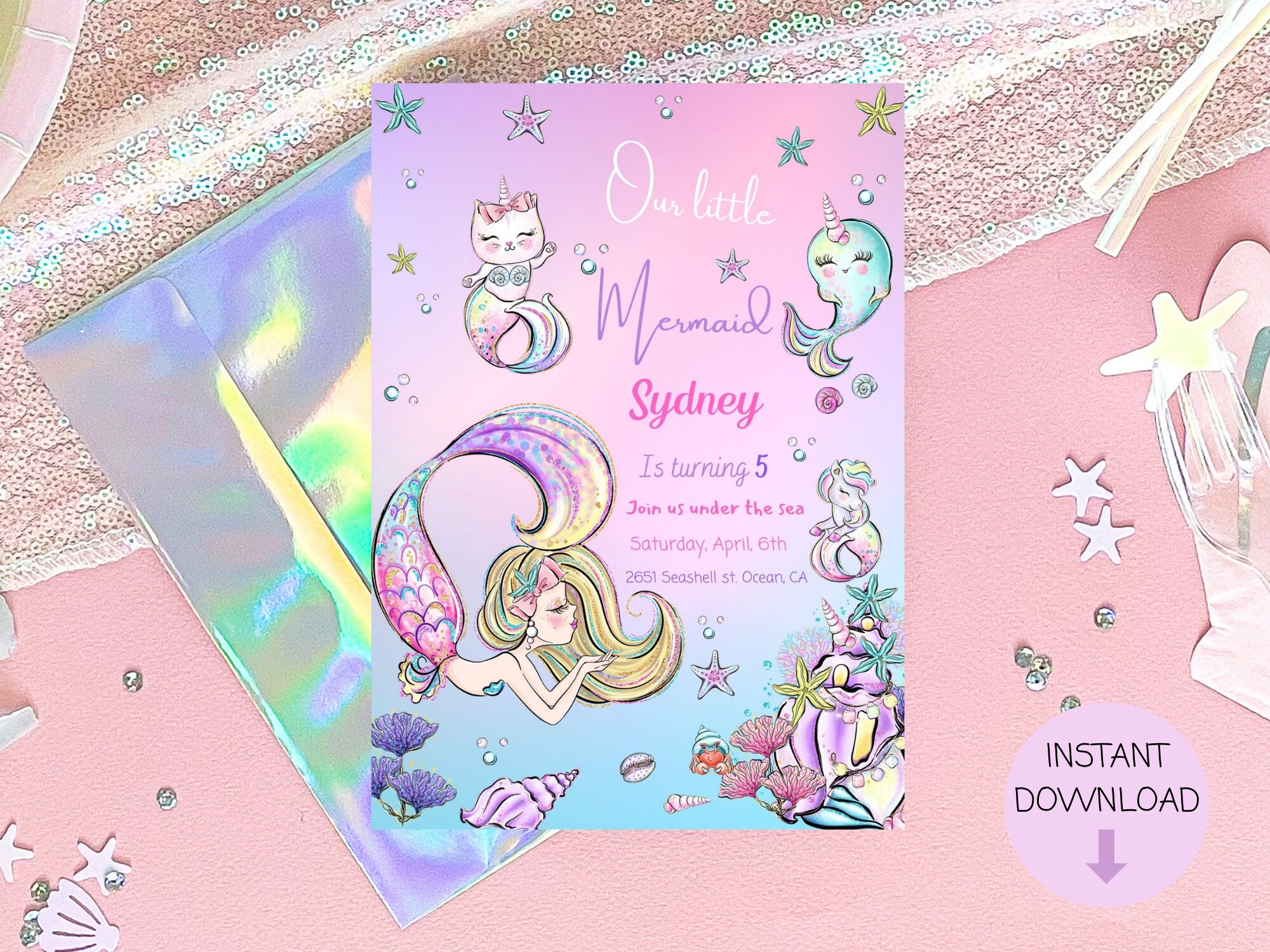 Editable Mermaid Invitation, Under the Sea, Mermaid Birthday Invitation ...