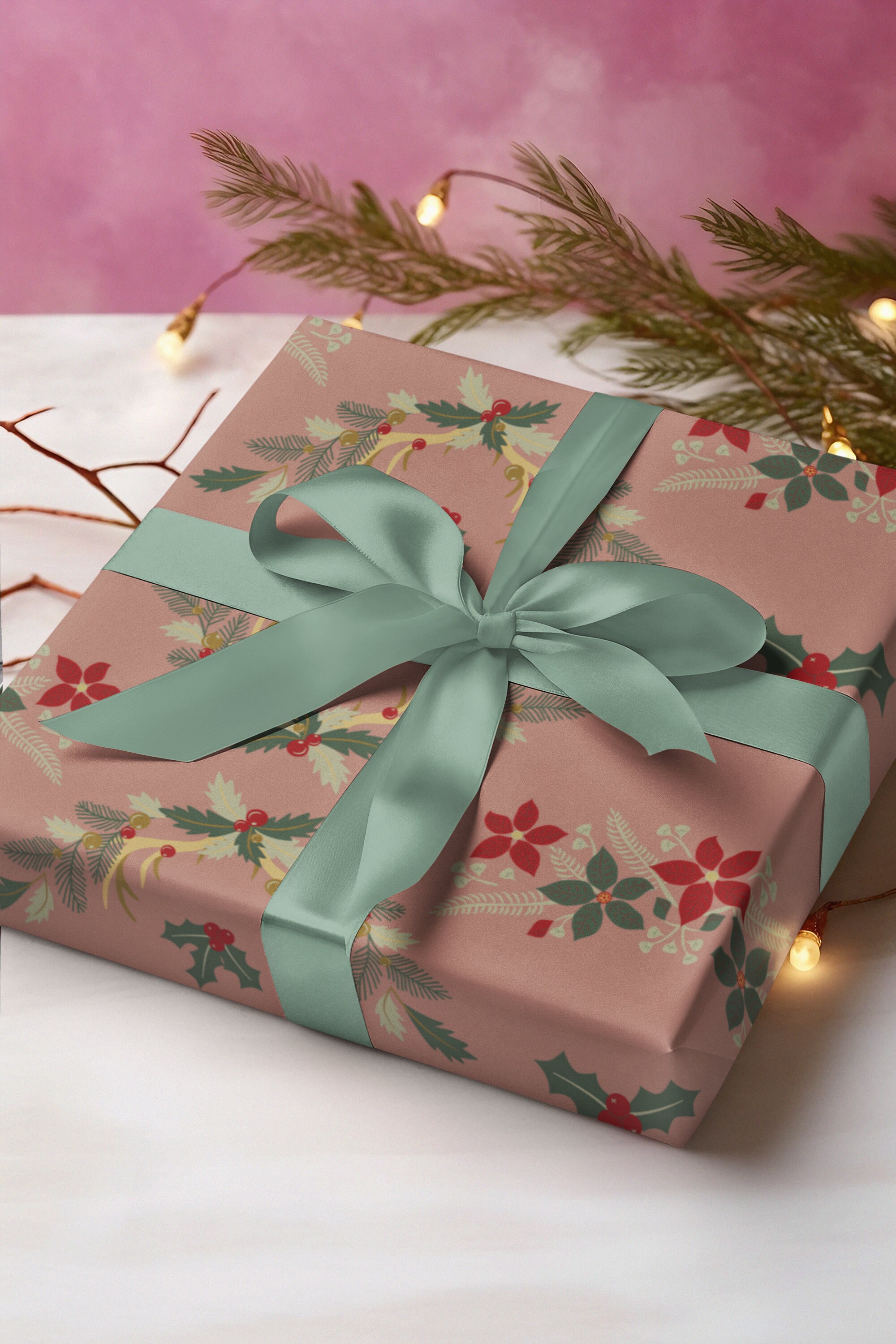 Dusty Rose Antler Wrapping Paper Roll Pink Poinsettia Christmas Gift ...