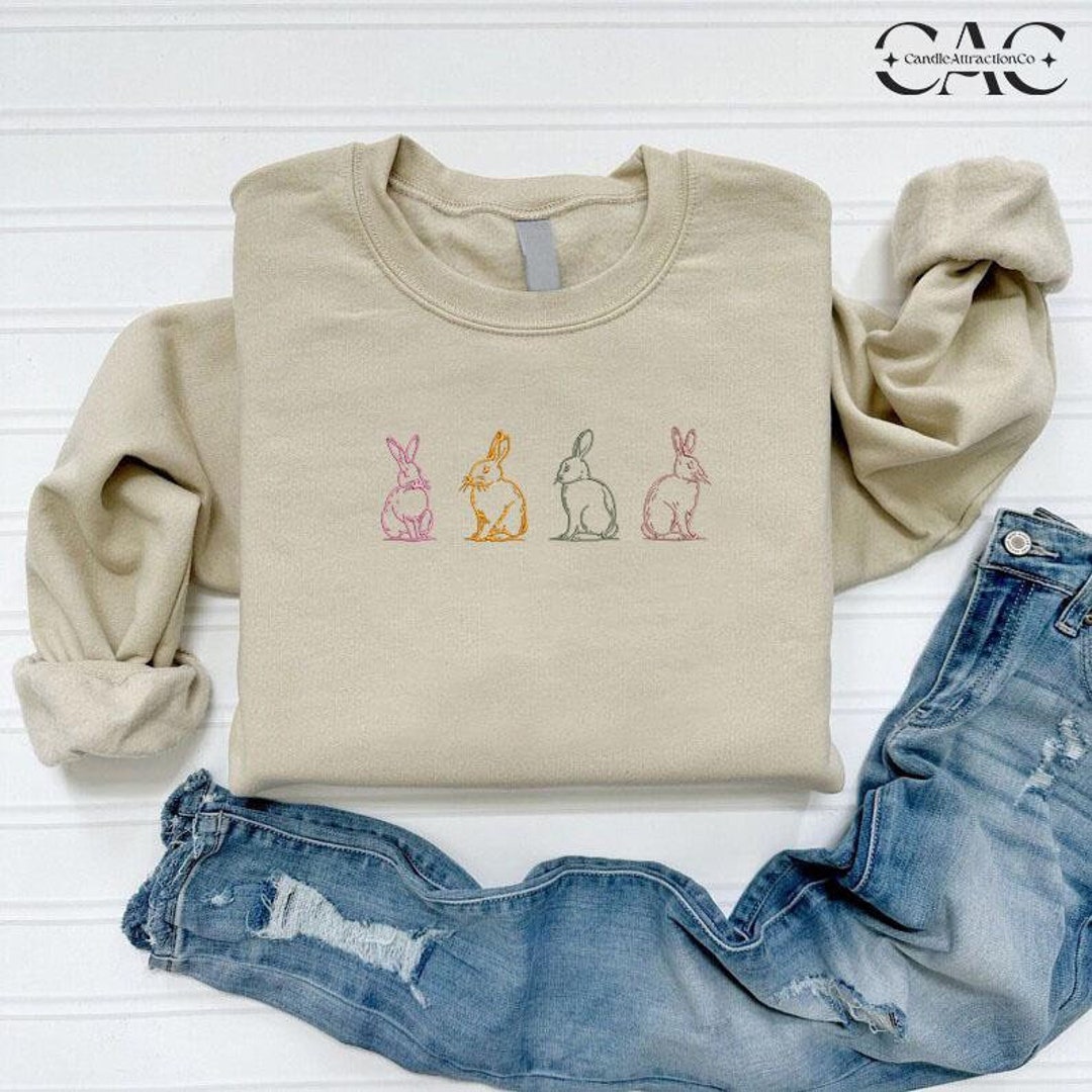 Embroidered Bunnies Sweatshirt, Christmas Rabbit Embroidery Sweater ...