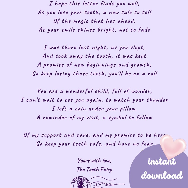Tooth Fairy Letter for Girls Printable Lost Tooth Certificate tooth ...