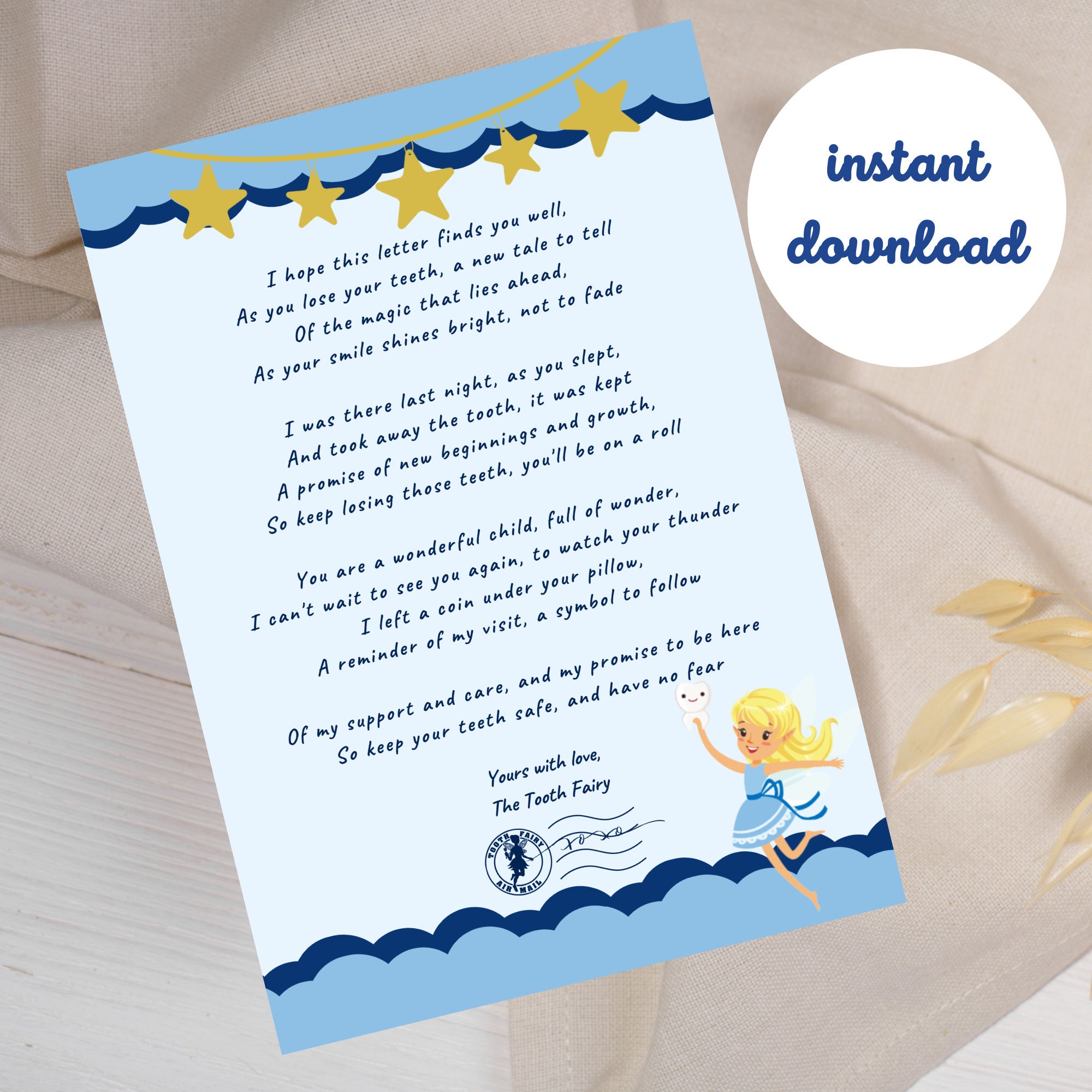 Tooth Fairy Letter Poem for Boys Tooth Fairy Letter Blue tooth Fairy ...