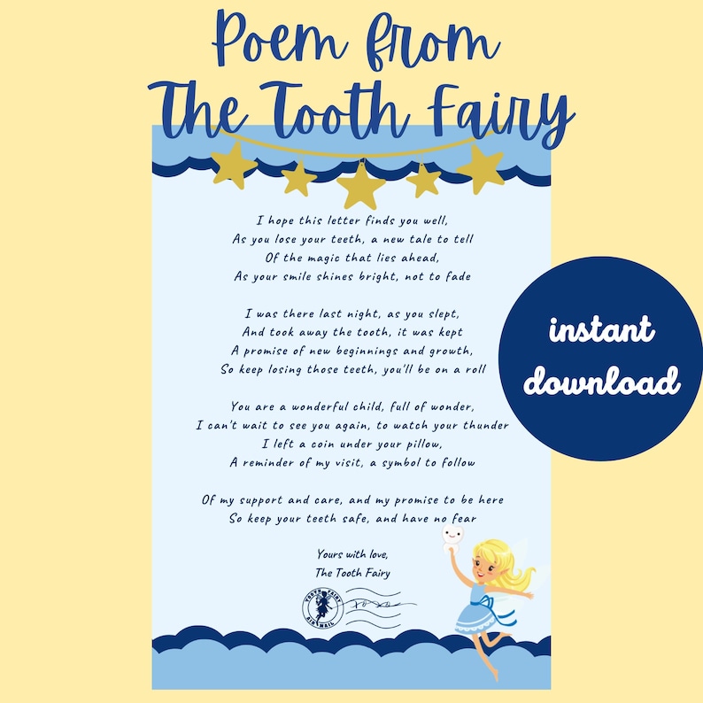 Tooth Fairy Letter Poem for Boys Tooth Fairy Letter Blue tooth Fairy ...