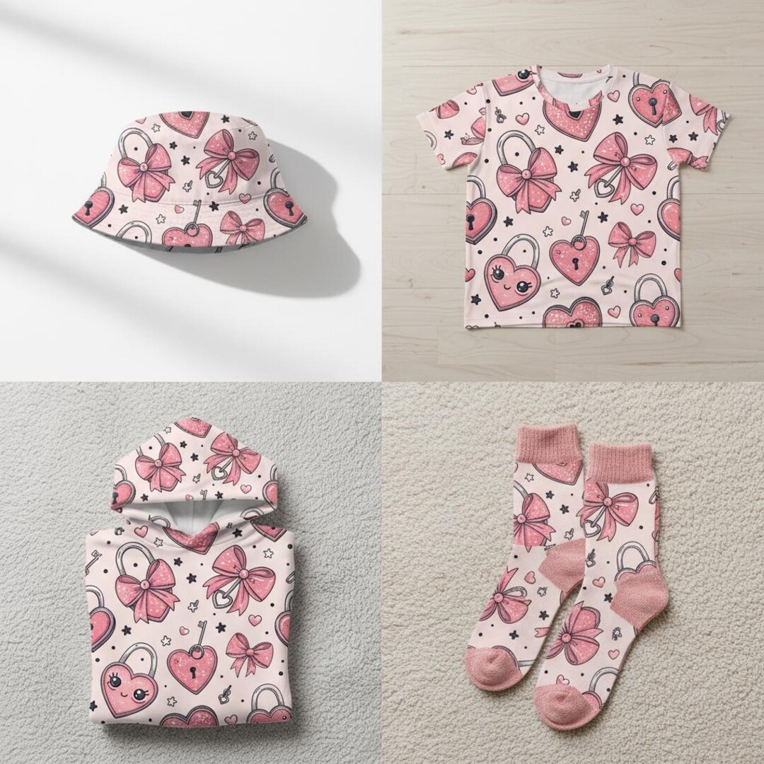 Pink Heart Locks Seamless Pattern, Kawaii Y2K Bows (JPG File) - Etsy