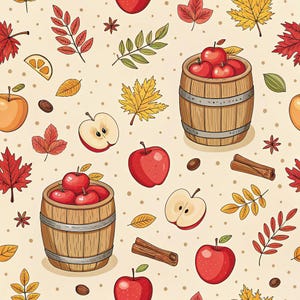 Fall Harvest Seamless Pattern: Autumn Leaves, Apples (digital Download ...