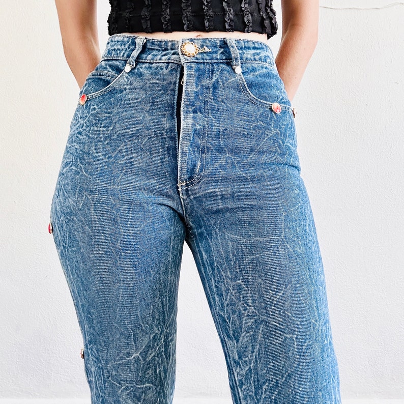 80s Acid Wash Jeans, 26 Waist, Embellished Flashy Button Unique High ...